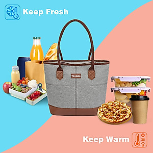 Tirrinia Large Insulated Lunch Tote Bag for Women, Cute Waterproof Leakproof Cooler Bag with Zipper for Work, Beach, Adult Shopping Grocery Bags for Frozen Food - Grey