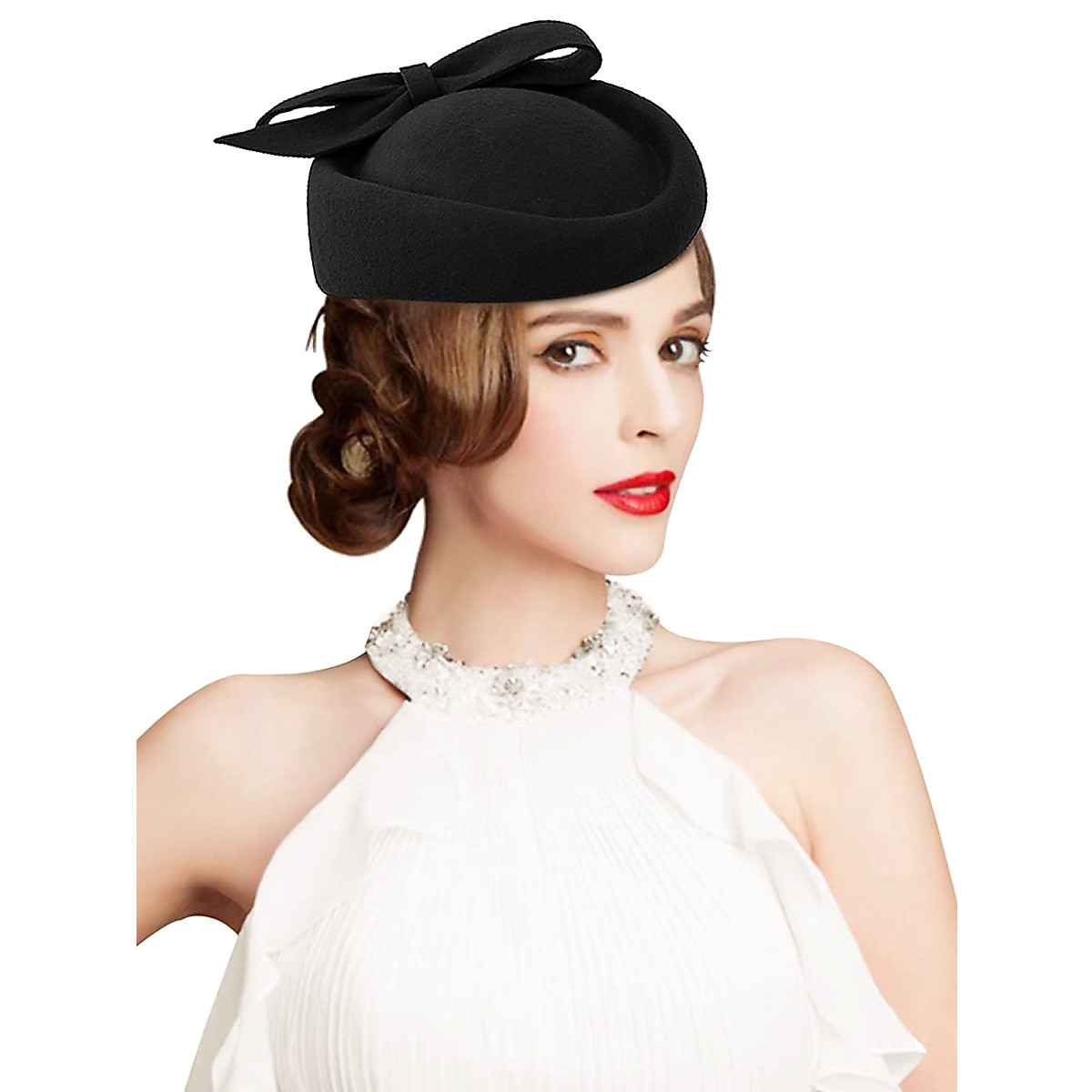 Z&X Wool Felt Fascinator Winter Women Elegant Pillbox Hat Bowknot Kentucky Derby Church Hat Retro Fedoras (032 Black), One Size