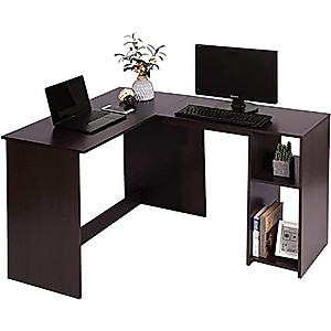 FurnitureR Computer Desk with Bookshelf Industrial Style Study Table Computer Gaming Desk with Storage, Wooden L-Shaped Corner Desk Save Space for Home Office, Brown
