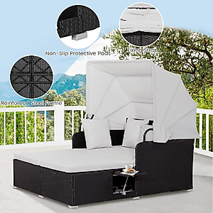Salches Outdoor Daybed, Patio Daybed with Retractable Canopy, High-Resilient Soft Cushions, Foldable Side Trays, Outdoor Bed Loveseat for Garden, Backyard, Porch (Off White)