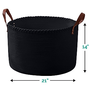 Organizix XLarge Round Cotton Rope Storage Basket Bin Organizer Laundry Hamper with Leather Handles, 21 x 21 x 14, Extra Large Blanket Woven Toy Basket for Baby Nursery - Black