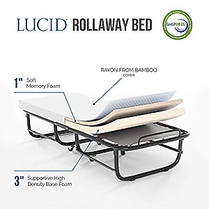 Lucid Rollaway Folding Guest Bed with 4 Inch Memory Foam Mattress- Rolling Cot- Easy Storage-Cot Size Bed