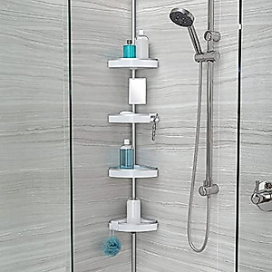Better Living Making Life A Little Easier HiRISE 4 Corner Standing Shower Caddy 9 Foot Tension Pole Rust Proof Aluminum Shower Organizer with Adjustable Baskets and Bonus Fog Resistant Mirror, White