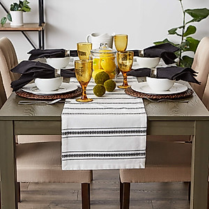 DII Zig Dobby Tabletop Collection, White Cotton Background with Embellished Stripe, Table Runner, 14x72, Black