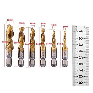6 Pack Titanium Combination Drill Tap Bit Set, 1/4" HSS Hex Shank Screw Tapping Bit for Drilling, Tapping and Countersinking, M3-M10