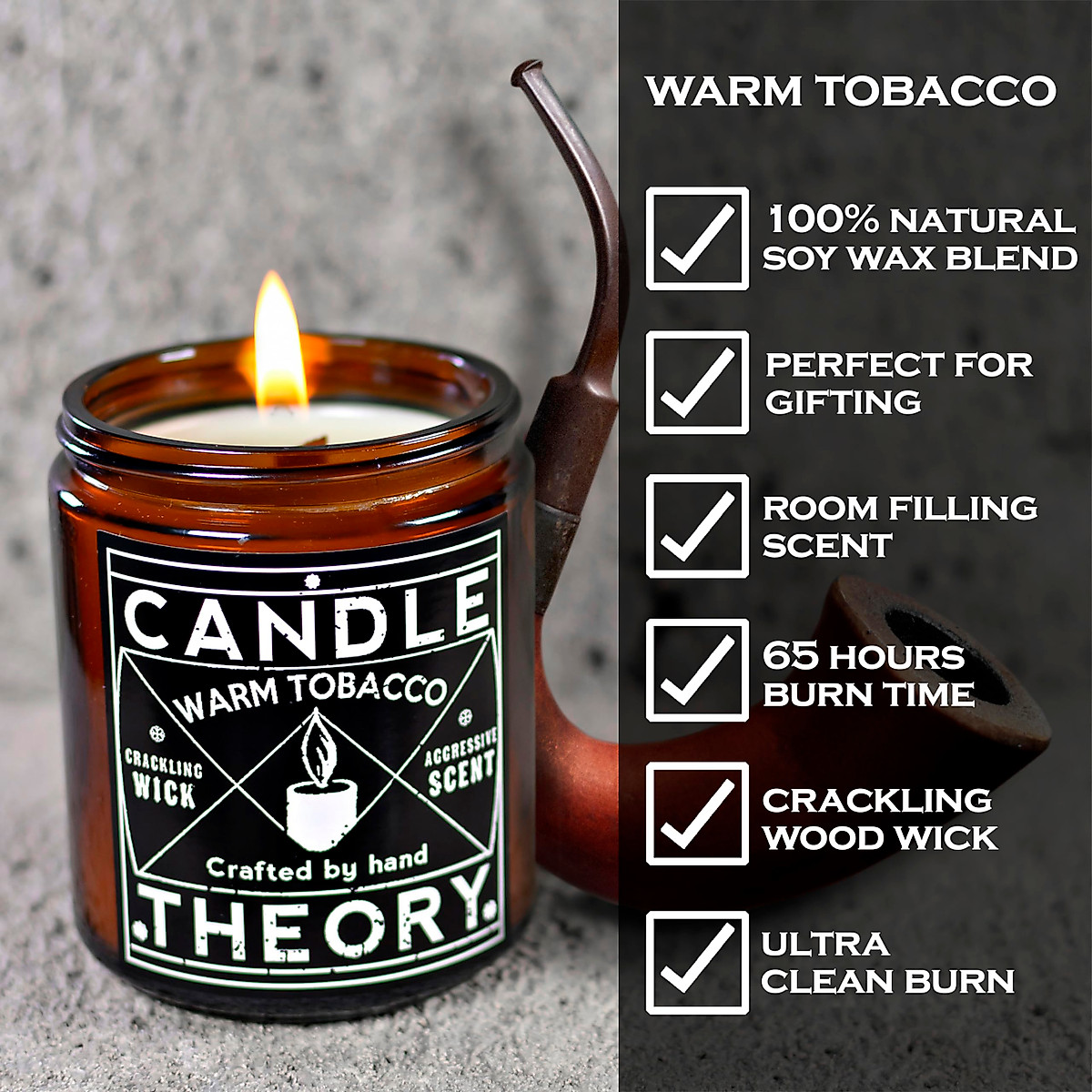 Candle Theory Warm Tobacco Scented Candle for Men 7.6 Ounce, Crackling Candle Men, Mens Candle for Bedroom, Scented Man Candle for Home, Men's Candles for Home, Man Candle, Men Scented Candles