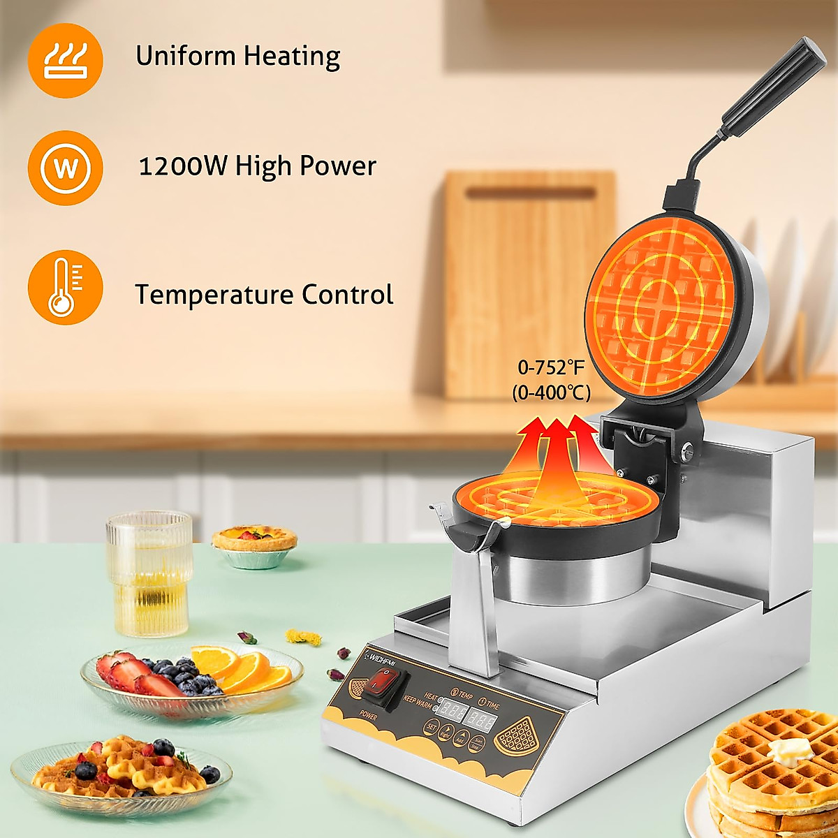 WICHEMI Belgian Waffle Maker Commercial Waffle Maker Restaurant Intelligent Flip Waffle Maker with Removable Plates 180° Rotating Non-Stick LED Digital Waffle Iron For Hotel Restaurant,110V 1200W.