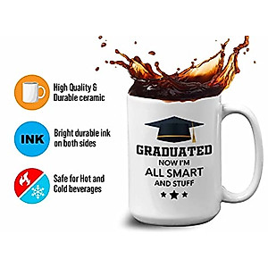 Flairy Land Graduation Coffee Mug 15oz White - All Smart and Stuff - Graduation Gifts for Her Senior Graduation College Student College Graduate Classmate MBA Grad