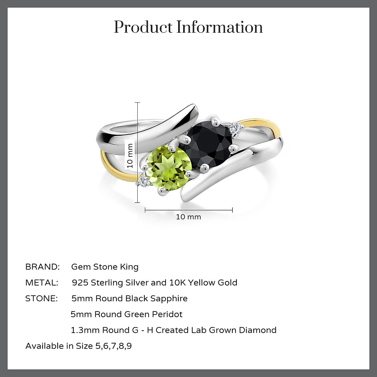Gem Stone King 1.26 Ct Round Black Sapphire Green Peridot 925 Silver and 10K Yellow Gold Lab Grown Diamond 2 Stone Crossover Ring (Size 5)