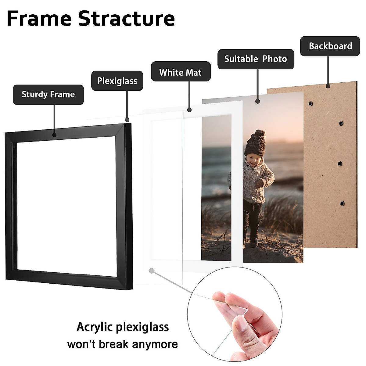 KINLINK 6x6 Picture Frame Black Set of 4, Wooden Square Photo Frames Matted 4x4 with Plexiglass for 4x4 with Mat or 6x6 without Mat for Table and Wall Display
