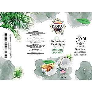 Almond Coconut Air Freshener - Room Spray - Odor Eliminator - Deodorizer - Car Air Freshener - Home Spray - Linen Spray - Fabric Refresher - Non-Toxic - Alcohol Free – Made in USA (4 Oz)