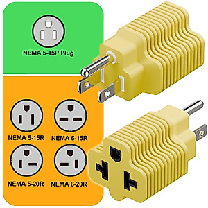 [4-in-1] 15 Amp Household AC Plug to 20 Amp T Blade Adapter,5-15P to 5-20R,5-15P to 6-15R,5-15P to 6-20R, 4 in 1 AC Power Adapter,15A 125V to 20A 250V Adapter (Yellow, 1)