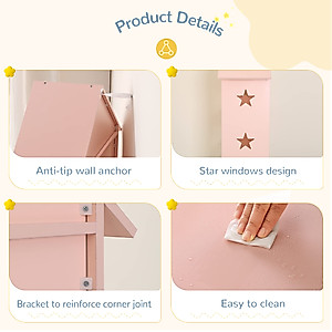 Curipeer Kids Dollhouse Bookshelf, Large Wooden Kids Bookshelf and Toy Storage with Doors, 3-Tier Open Display Organizer and 1-Tier Hidden Storage Dollhouse Bookcase for Ages 3-7, Pink