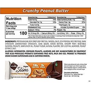 Nugo Slim Dark Chocolate Crunchy Peanut Butter, 16g Vegan Protein, 3g Sugar, 7g Fiber, 180 Calories, Low Net Carbs, Gluten Free, 24 Count
