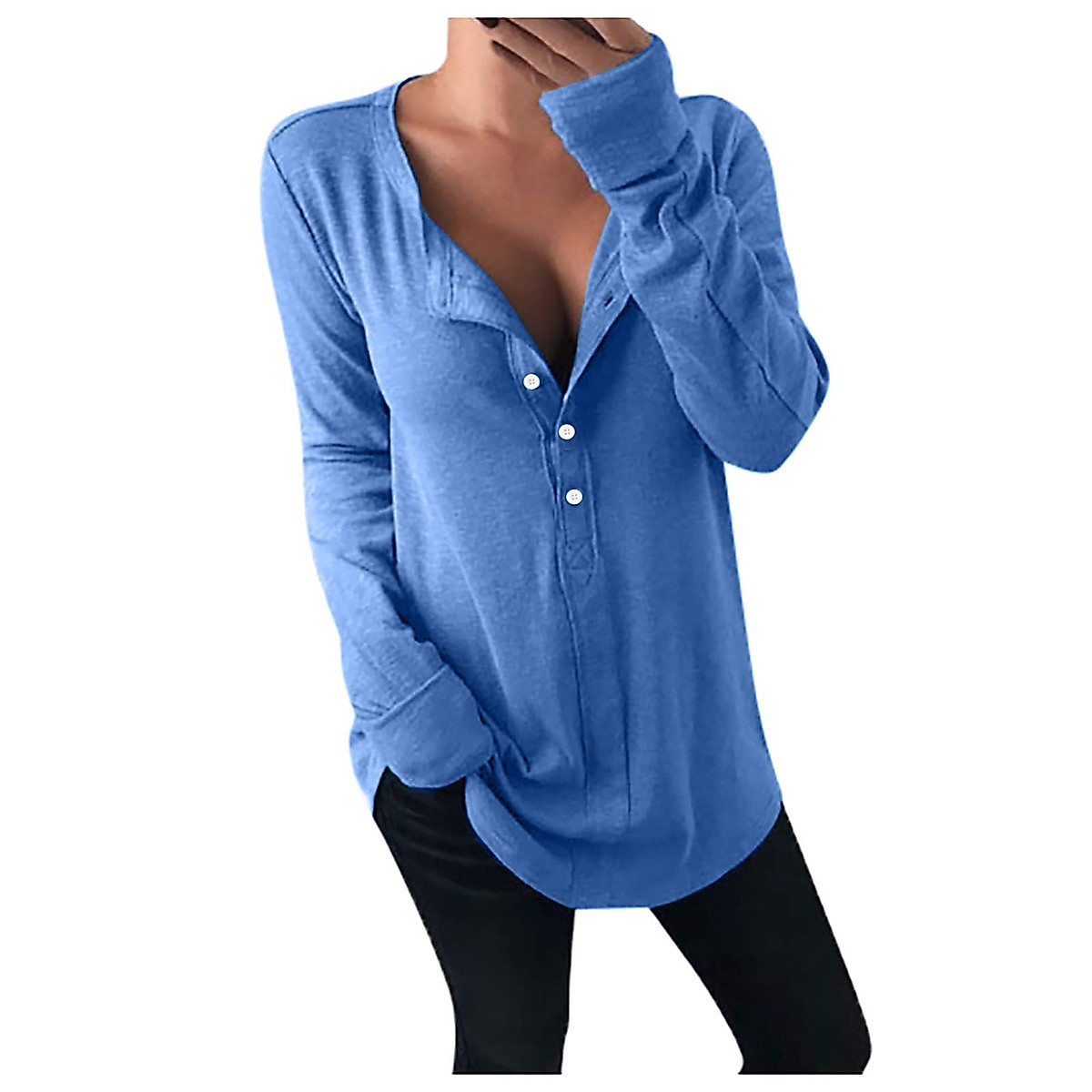 Aniywn Women's Ladies Thin Long Sleeve Tunic T-Shirt Baggy V-Neck Buttons Pure Color Tee Pullover Blouse Blue