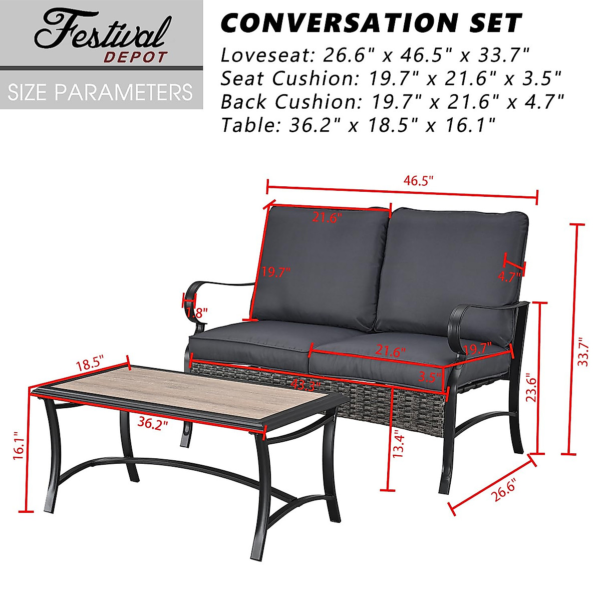 Festival Depot PE Wicker Patio Bistro Set, 2 Pieces Outdoor Furniture, Conversation Sofa Loveseat Armchairs & Coffee Table with Removable Cushion All Weather Casual Craft Cozy Small Chair Set