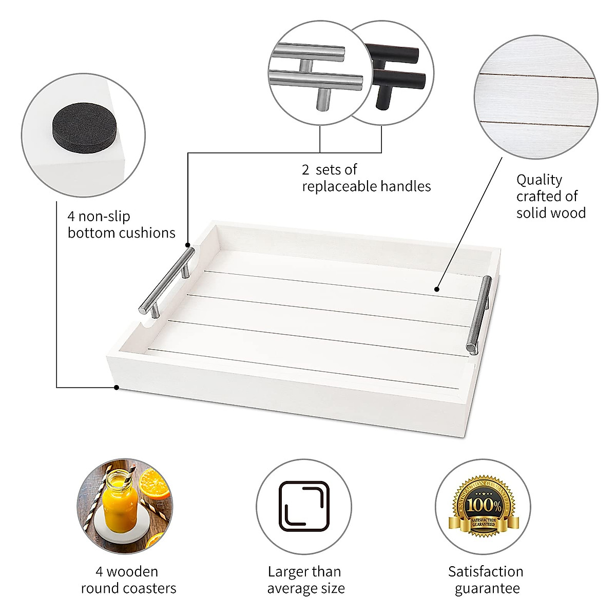 SXNOWS White Wooden Coffee Table Tray - Large Ottoman Tray for Living Room - White Wooden Serving Tray with Handles(2 Sets) - Wooden Serving Tray for Ottoman, 4 Round Coasters Included