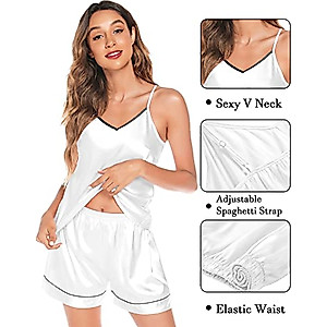 SWOMOG Womens Silk Satin Pajamas Set Three-piece Pj Sets Sleepwear Loungewear Button-Down Pj Sets White