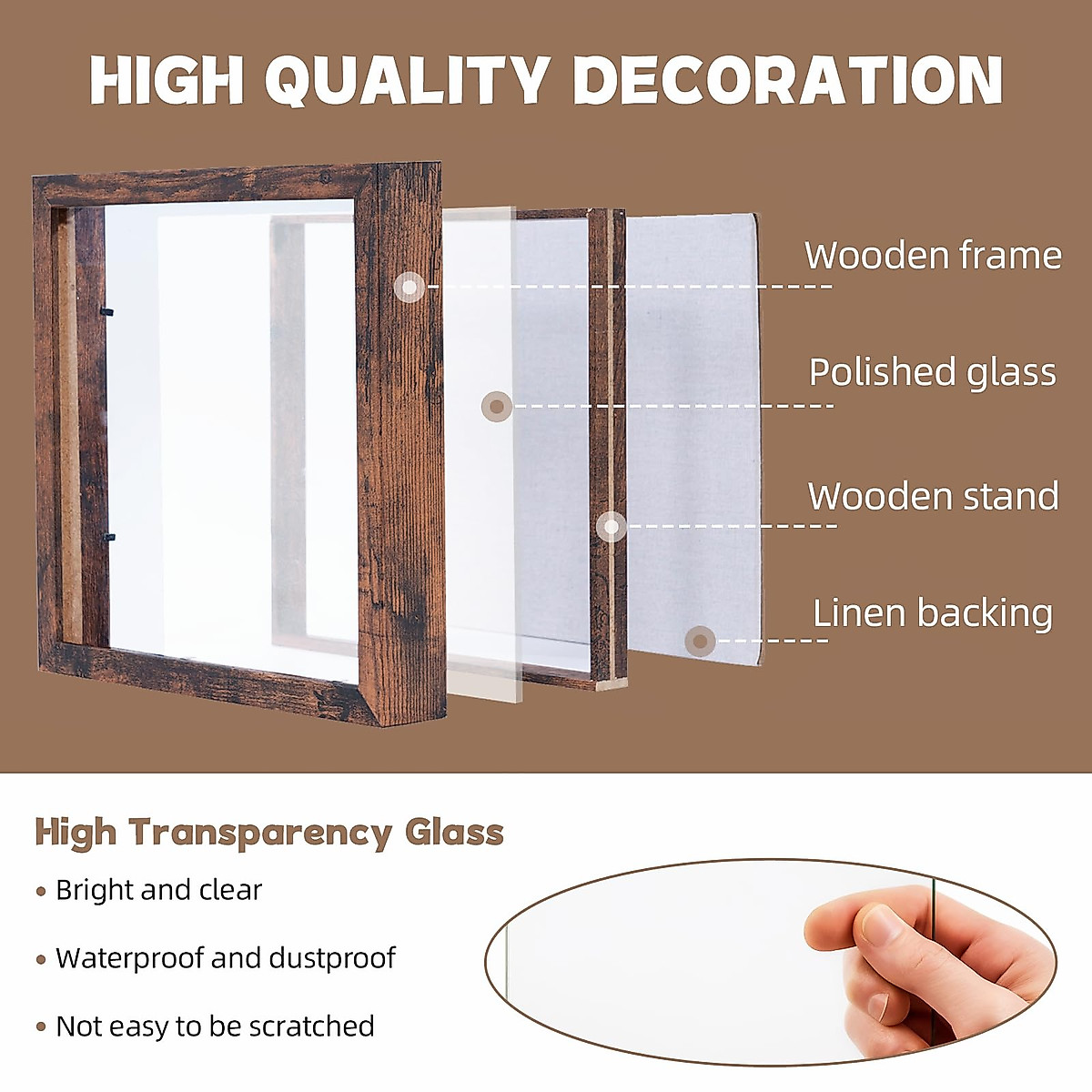 Muzilife 12x12 Shadow Box Picture Frame with Linen Board - Deep Wood & Glass Display Case to Hang Memory Box Baby Sports Memorabilia, Pins, Awards, Medals, Wedding, Tickets and Photos, Rustic Brown