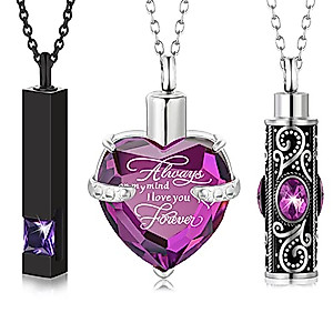 MTLEE 3 Pieces Cremation Urn Necklace for Ashes Vertical Bar Zircon, Heart Crystal Cremation Urn Necklace Urn Stainless Steel Necklace Waterproof Memorial Pendant Necklace (Purple Zircon)