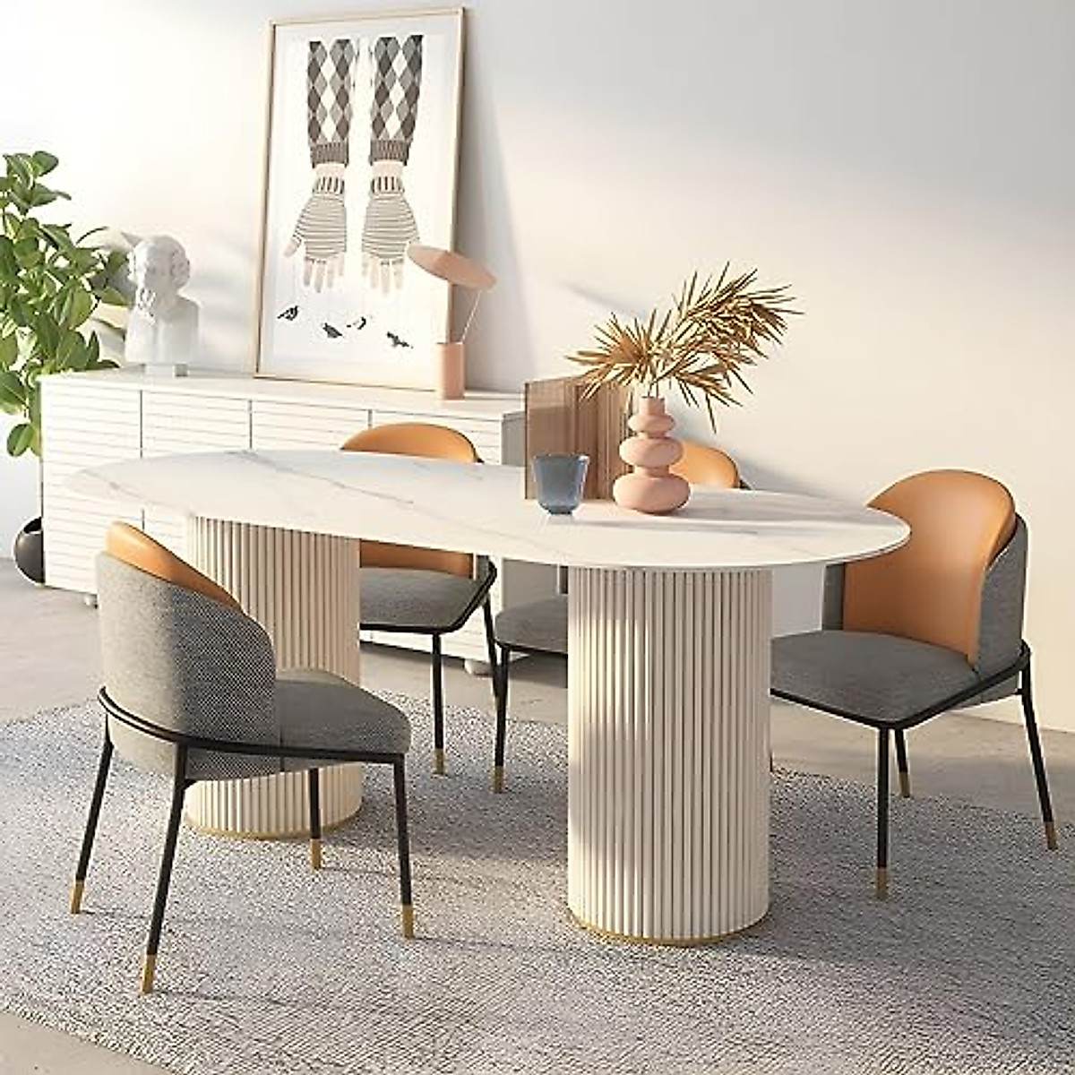 LAKIQ Slate Stone Oval Dining Table Contemporary Kitchen Dining Room Table Double Pedestal Table-Table Only-Without Chairs(White, 78.7" L x 31.5" W x 29.5" H)