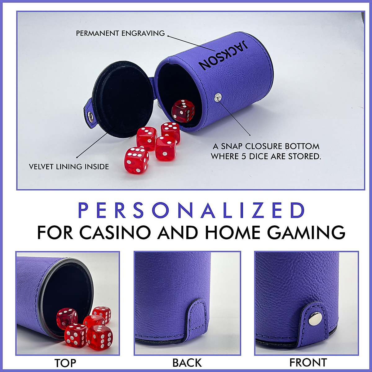 Personalized Set of Dice Cup with Storage Compartment Customized PU Leather Dice Cup with 5 Red Dice Custom Gift (Rustic/Gold)