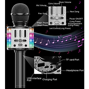 Karaoke Microphone for Kids Adults, Wireless 4 in 1 Handheld Bluetooth Microphone with LED Lights, Portable Smartphone Speaker Boys Girls Singing Toys for Home KTV Outdoor Christmas Birthday Party