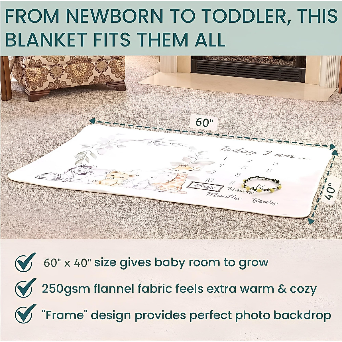 Monthly Baby Milestone Blanket for Baby Girl & Boy - 60"x40" Safari Baby Month Blanket - First Year Calendar Monthly Growth Chart - Track Baby Milestones & Growth - Soft Baby Picture Blanket