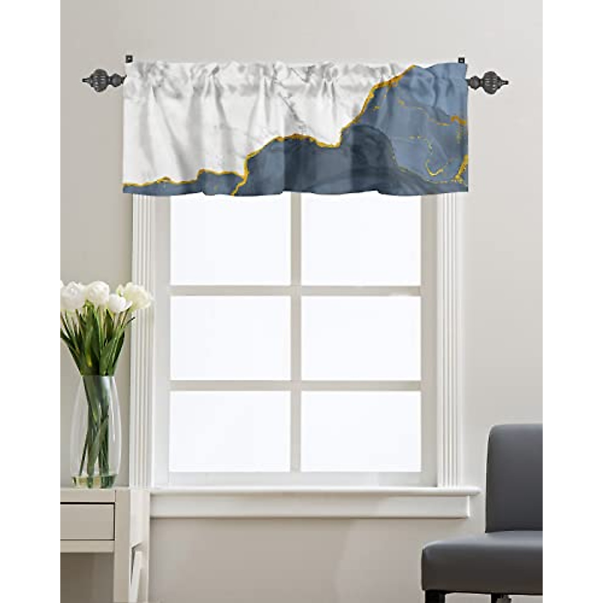 WARM TOUR Curtain Valance for Windows Ink Blue White Marble Gradient Kitchen Valances Rod Pocket Short Curtains,Gold Edge Abstract Art Window Treatment Panel for Living Room Bathroom Bedroom 42x12in