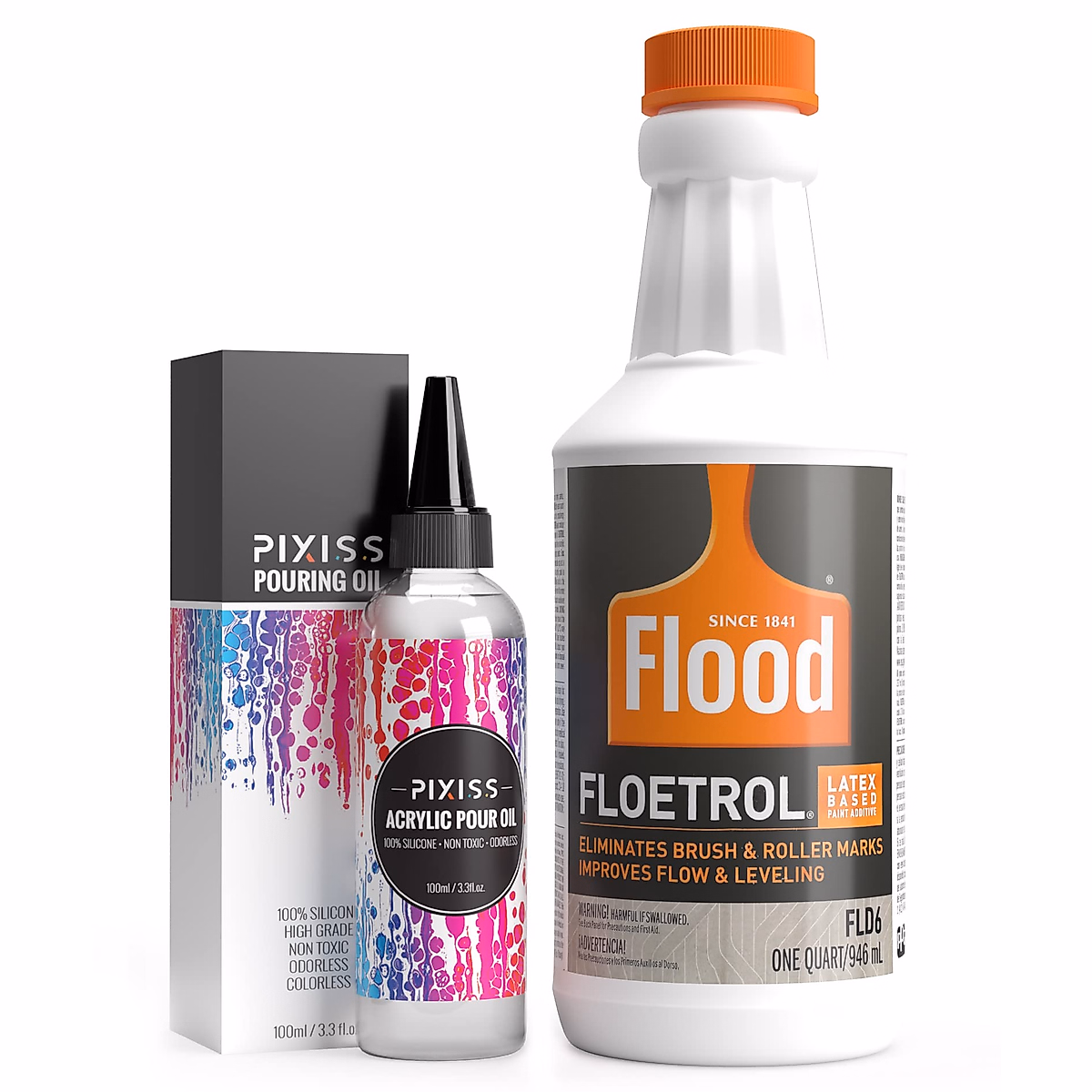 Floetrol Pouring Medium for Acrylic Paint - Flood Floetrol Additive and Pixiss Acrylic Pouring Oil - Perfect Flow 100% Pure High Grade Silicone (100ml/3.3-Ounce)
