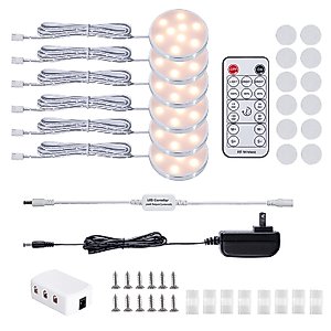 LED Dimmable Under Cabinet Lighting Kit,12V 6 Pack Wired Puck Lights with Remote Control, Plug in Under Counter Lighting Fixtures for Kitchen,Bookcase,Showcase,Shelf (Warm White)