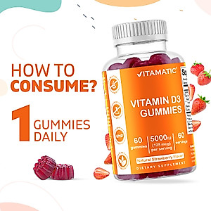 Vitamatic Vitamin D3 Gummies - 5000 IU Per Gummy - 60 Gummies - Great Taste - Healthy Bones, Teeth, Mood, Joint & Immune System Function