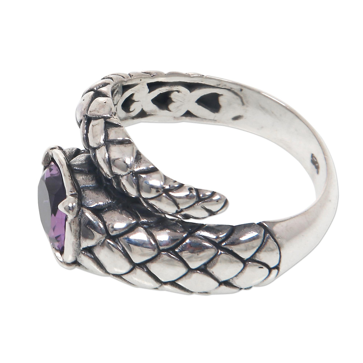 NOVICA Artisan Handmade Amethyst Ring Sterling Silver Cocktail with Snake Motif Purple Single Stone Indonesia Animal Themed Birthstone Halloween [ring Front 0.6 in L x 0.8 in W x 0.2 in D Band Width ]