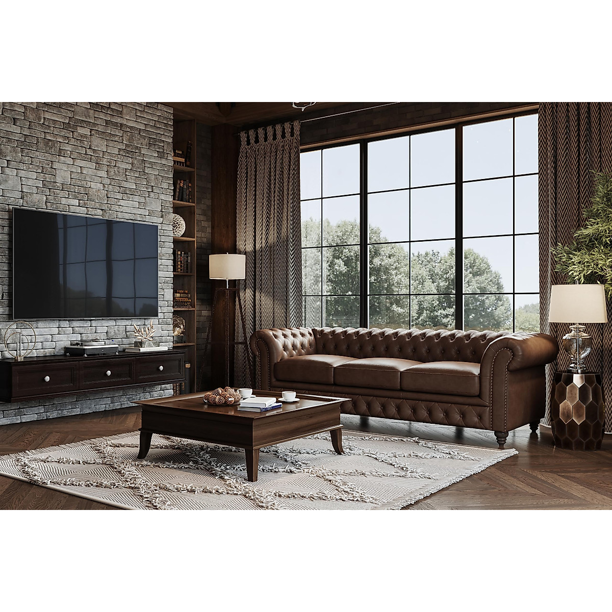 Valencia Parma 92" Leather Chesterfield Sofa | Full-Aniline 3 Seats Italian Leather Couch | Artisan Crafted Nailheads | Mid Century Classic Design - Leather Sofa, Chocolate