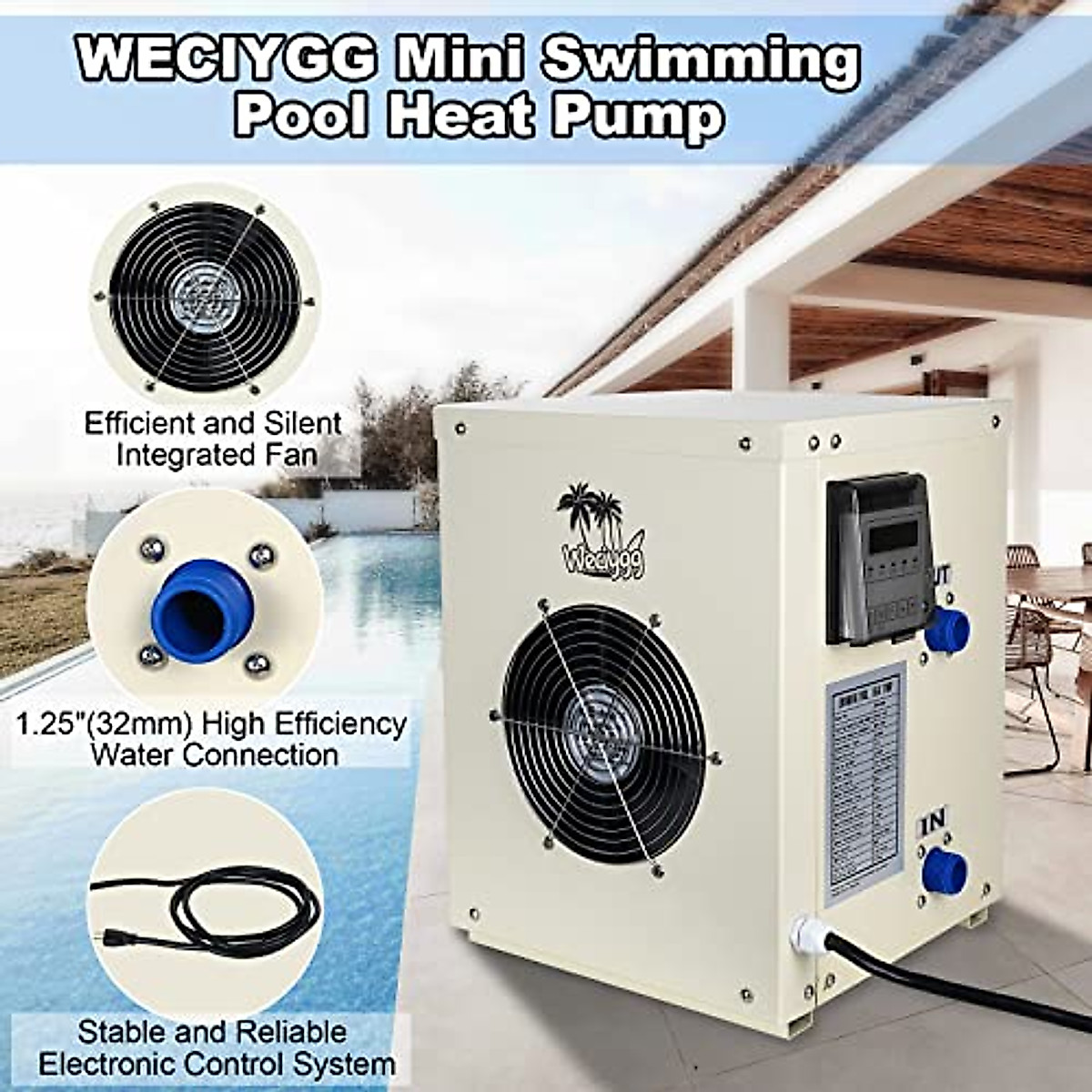 WECIYGG Mini Swimming Pool Heat Pump 12000 BTU for Above Ground Pools, 3.5 kW Electric Pool Heater with Titanium Heat Exchanger, 110V 60Hz, Up to 2000 Gallons