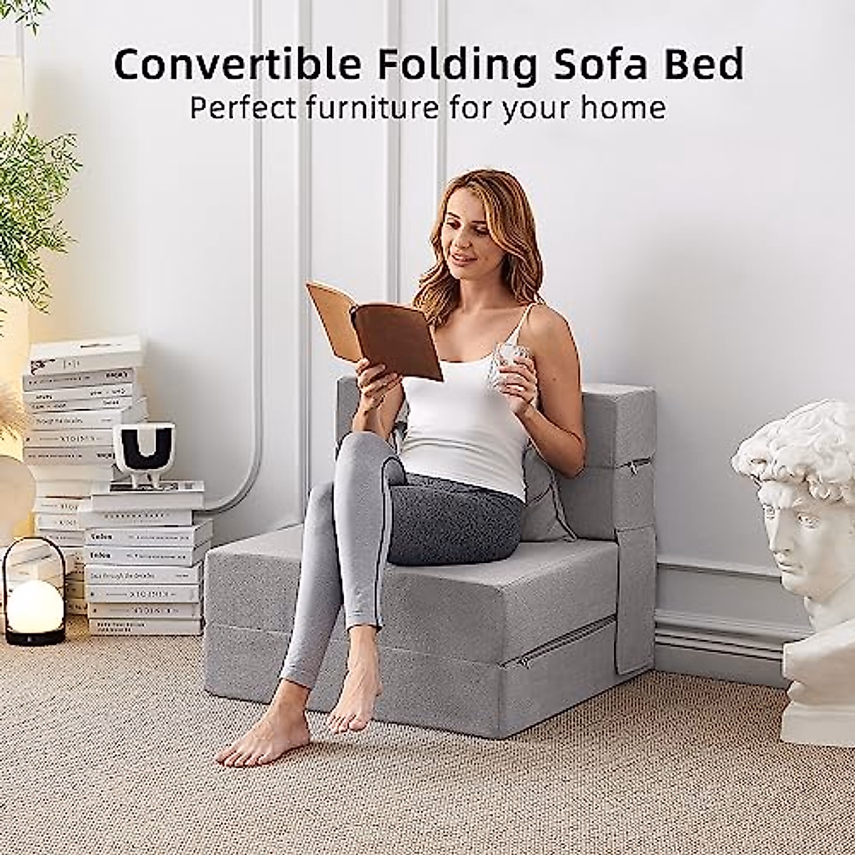FILUXE Convertible Folding Sofa Bed - Sleeper Chair with Pillow, Modern Linen Fabric Floor& Futon Couch, Foldable Mattress for Living Room/Dorm/Guest Use/Home Office/Apartment, Single Size, Light Grey