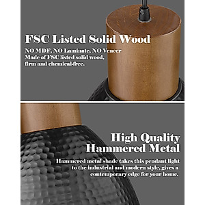 ELYONA Industrial Pendant Light, Hammered Hanging Lamp with Solid Wood & Metal Shade, Modern Pendant Light Fixtures for Kitchen Island, Bar, Farmhouse Dining Room, Bedroom, Living Room - Black