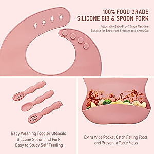 Baby Weaning Set, Silicone Baby Feeding Set(10 Pcs), Toddler Weaning Set with Adjustable Bib, Suction Bowl, Plate, Fork, Spoon, Water & Snack Cup Kit for Babies, Toddler and Kids(Pink)