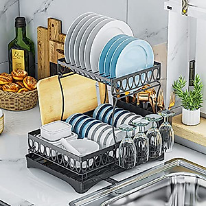 GILLAS Dish Drying Rack, 2 Tier Dish Racks for Kitchen Counter, Kitchen Organization with Large Capacity Dish Drainers & Drainboard, Dish Rack with Utensils & Glass Holder, Black