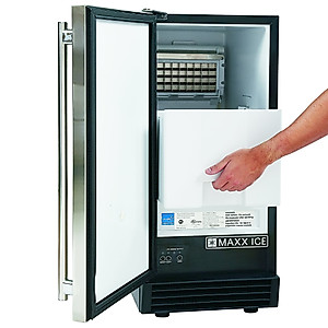 Maxx Ice MIM50P 65Lb Premium Clear Ice Cube Maker Machine with Drain Pump Blue LED and Built-in Undercounter or Freestanding Household Residential or Commercial Use, 15 Inch Wide, Silver