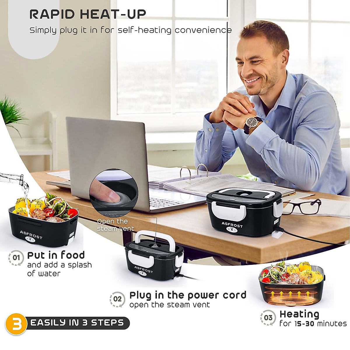 Electric Lunch Box Food Heater for Car Home Work, 12V 24V 110V 60W Faster Portable Food Warmer Heated Lunch Box for Adults, Removable 304 Stainless Steel Container 1.5L, Leak Proof, SS Fork & Spoon