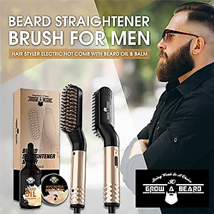 Beard Straightener for Men, Plus Beard Growth Oil & Beard Balm Conditioner, Upgraded Ionic Beard Straightening Comb, Heated Hair Brush, Perfect Christmas Gifts for Men, Beard Guide E-Book Included