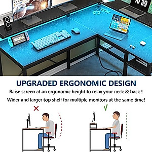 Loomie L Shaped Computer Desk, 83" Gaming Desk with LED Light & Power Outlets, Corner Desk with Full Monitor Stand & Adjustable Storage Shelves, Home Office Desk with 2 Hooks, 2 Person Desk, Black