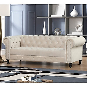 RN Furnishings Chesterfield 89" Button Tufted Velvet Fabric Sofa-Beige