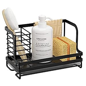 ODesign Sink Caddy, Kitchen sink Organizer Caddy with Drain Pan Try Sponge Scrubber Brush Dishrag Dishcloth Holder Rack Counter Stainless Steel Rustproof - Black