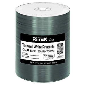 200 Pack Ritek Pro (Professional Grade) CD-R 52X 700MB White Thermal Hub Printable Blank Media Recordable Disc