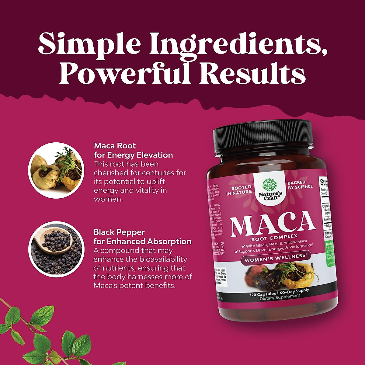 Organic Maca Root Capsules for Women - Potent Herbal Supplement with Female Enhancing Blend of Red Yellow & Black Maca Root - Non-GMO Certified Vegan and Gluten-Free with No Artificial Colors - 120ct