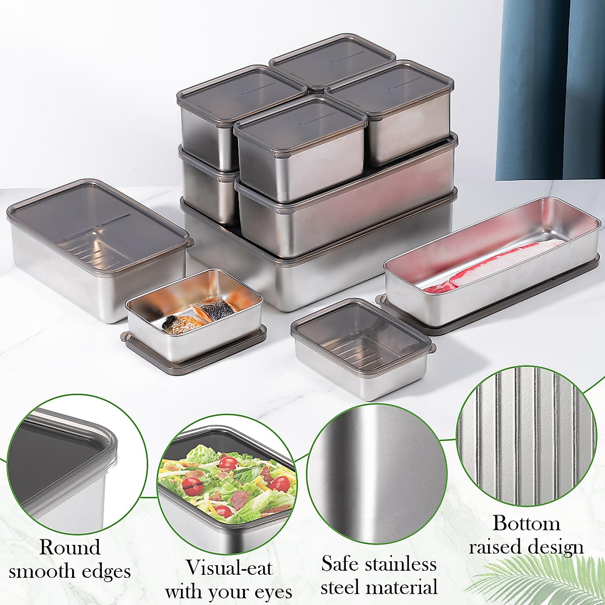 Hushee 13 Pack Stainless Steel Food Storage Containers 30,60,120,13.5 oz Airtight Stackable Fridge Organizer Bins with Lids Food Packing Box for Bacon Cheese Meat Fruit Vegetable Storage