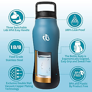 Beglad Insulated water bottle 32 oz, Stainless Steel Wide Mouth Double Vacuum Thermos Flask with 3 Lids Reusable Leak Proof BPA-Free Metal Water Bottle for Sports Camping, Indigo Black Gradient