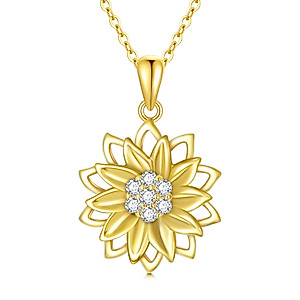 Solid 14K Sunflower Pendant Necklace, Real Gold Flower Necklace for Women You are May Sunshine Necklace Fine Jewelry Gifts for Wife, Mom,16''-18'' (Style 4)